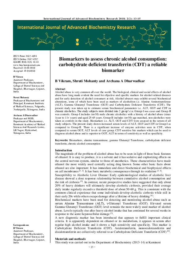 (PDF) Biomarkers to assess chronic alcohol consumption: carbohydrate ...