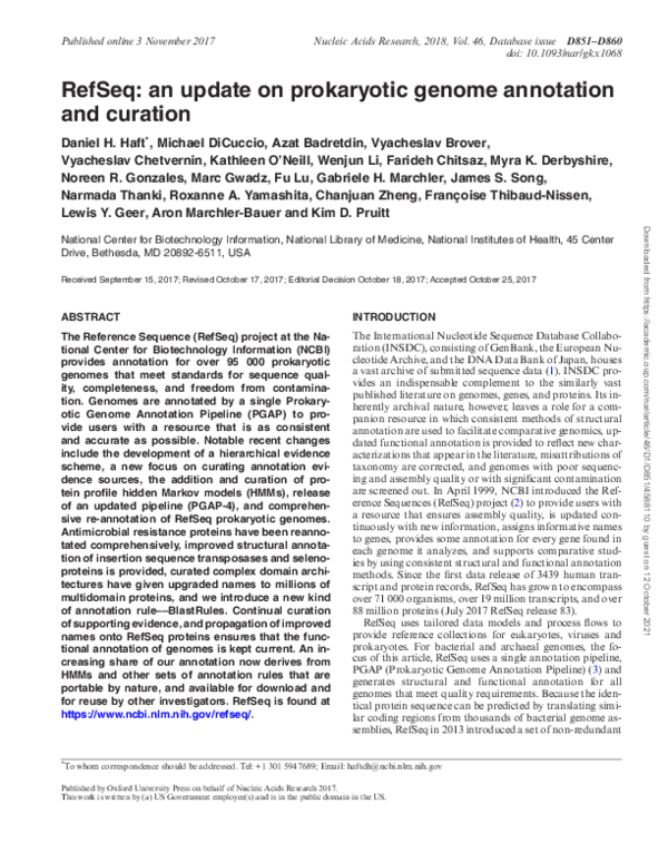 (PDF) RefSeq: an update on prokaryotic genome annotation and curation