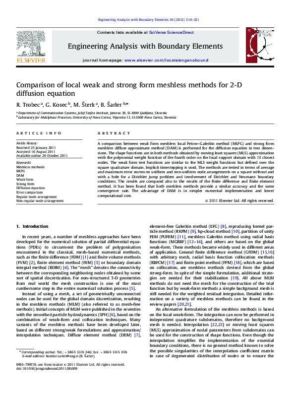 Pdf Comparison Of Local Weak And Strong Form Meshless Methods For 2 D Diffusion Equation