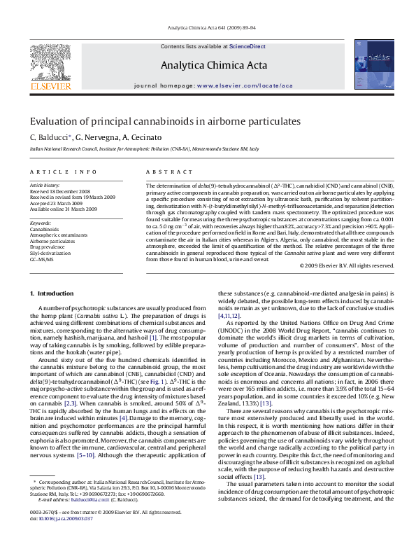 (PDF) Evaluation of principal cannabinoids in airborne particulates