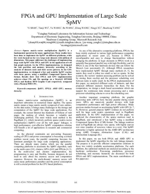 Pdf Fpga And Gpu Implementation Of Large Scale Spmv