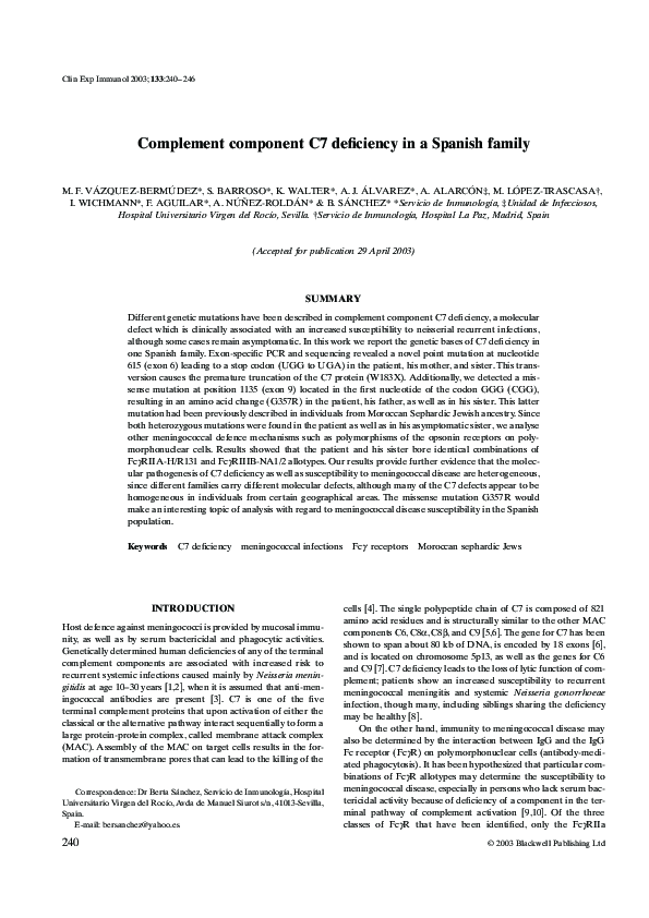 (PDF) C7 Deficiency and Novel Mutations in Spain