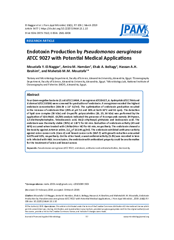 (PDF) Endotoxin Production by Pseudomonas aeruginosa ATCC 9027 with ...