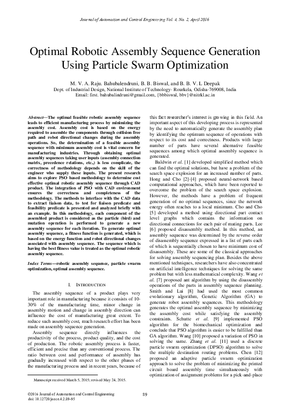 Pdf Optimal Robotic Assembly Sequence Generation Using Particle Swarm