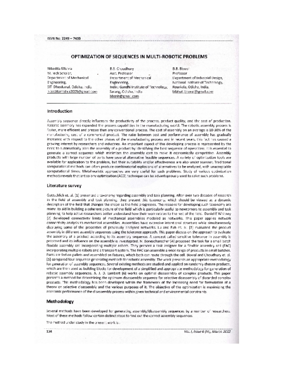 (PDF) Optimization of Methodlogies For Multi-Robotic Assembly Cell Problem