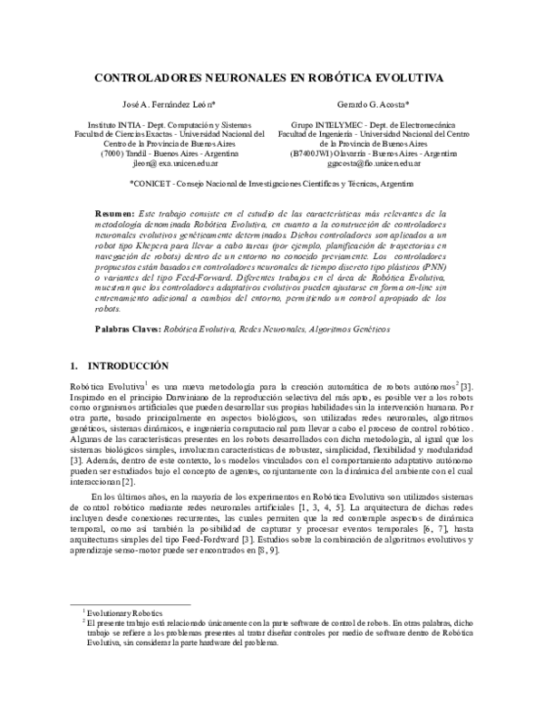 (PDF) Controladores neuronales en robótica evolutiva