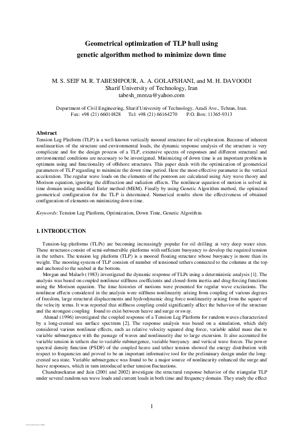 (PDF) Geometrical optimization of TLP hull using genetic algorithm method to minimize down time