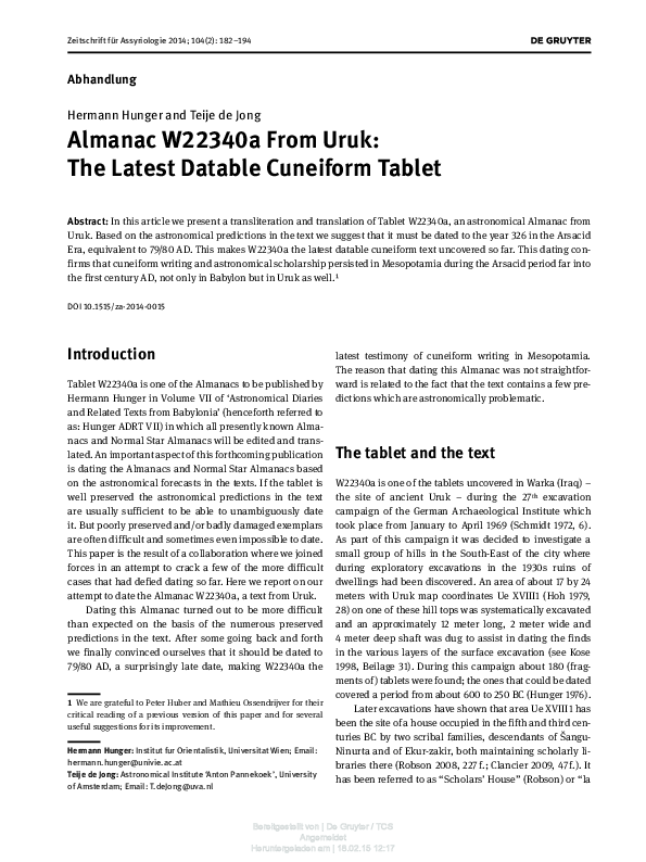 (PDF) Almanac W22340a From Uruk: The Latest Datable Cuneiform Tablet
