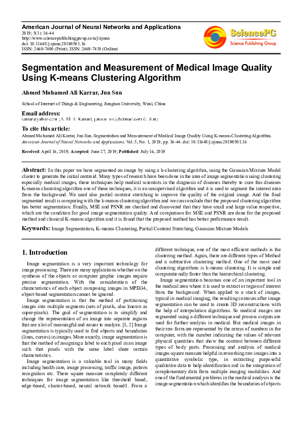 Pdf Segmentation And Measurement Of Medical Image Quality Using K Means Clustering Algorithm