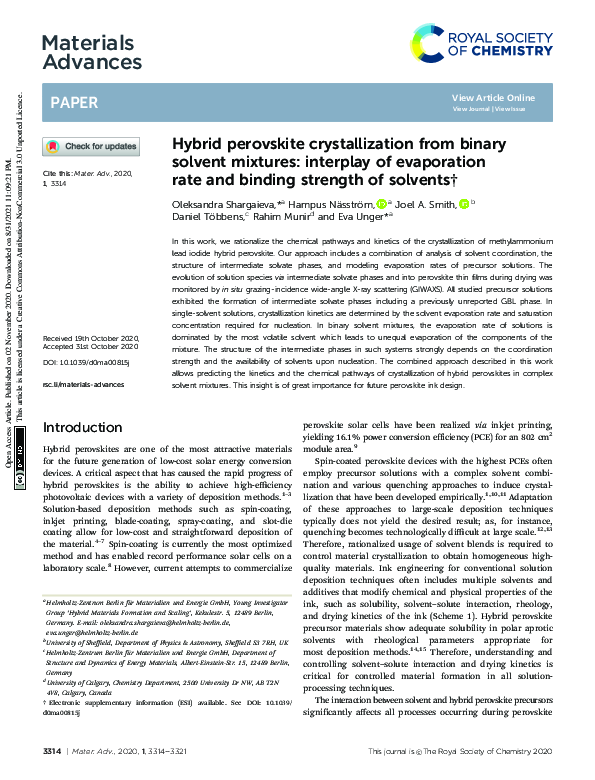 (PDF) Hybrid perovskite crystallization from binary solvent mixtures ...