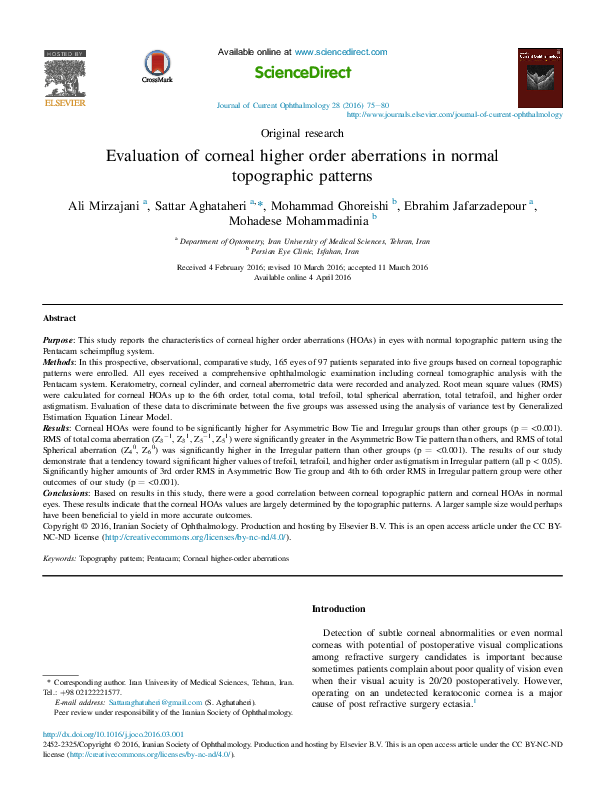 (PDF) Evaluation of corneal higher order aberrations in normal topographic patterns