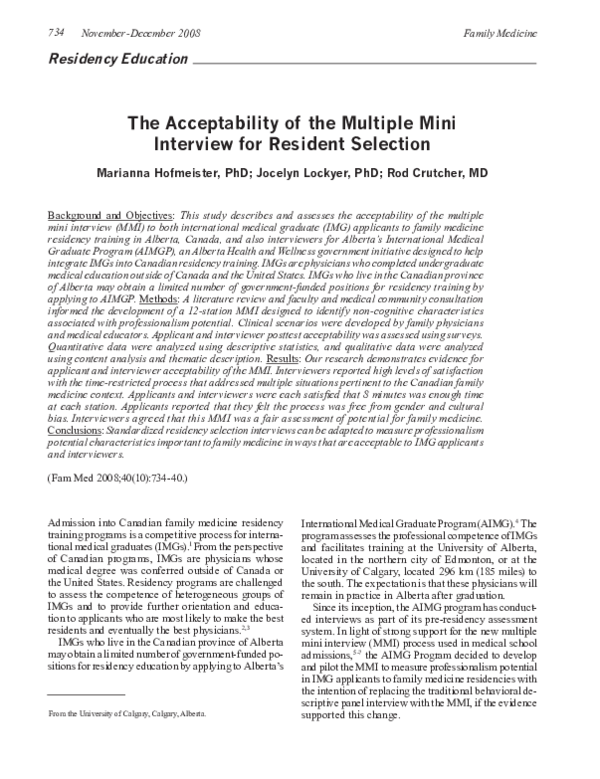 (PDF) The acceptability of the multiple mini interview for resident ...