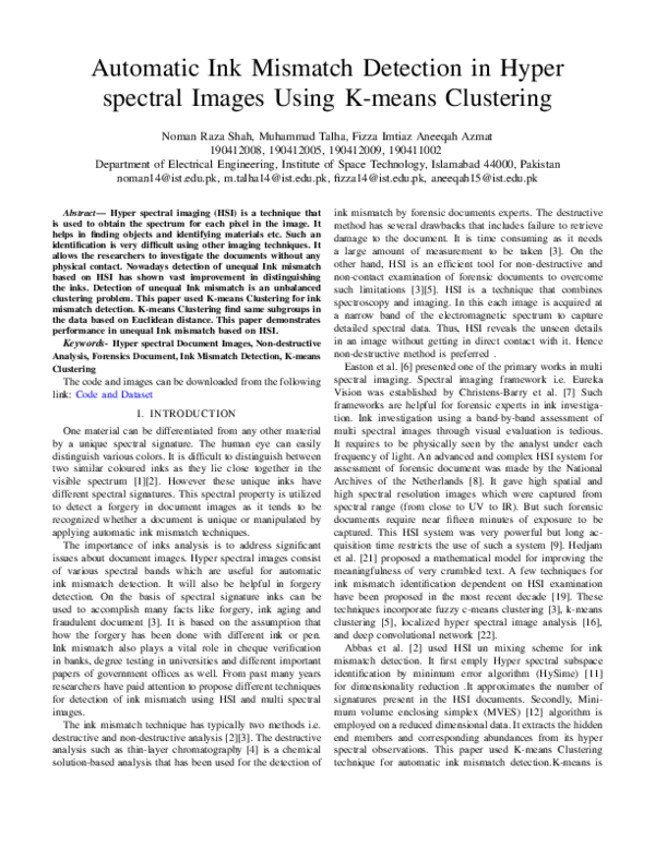 (PDF) Automatic Ink Mismatch Detection in Hyperspectral Images Using Kmeans Clustering.pdf