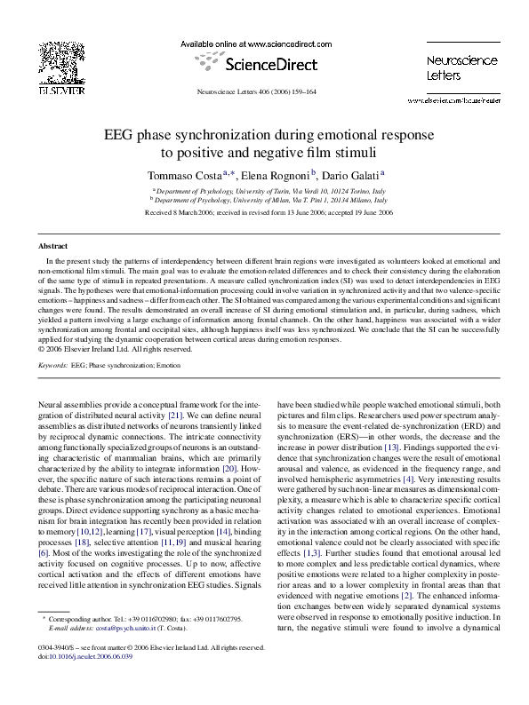 (PDF) EEG phase synchronization during emotional response to positive and negative film stimuli