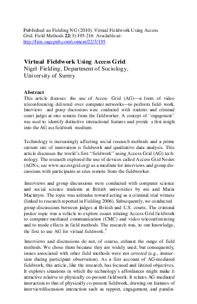 (PDF) Virtual Fieldwork Using Access Grid