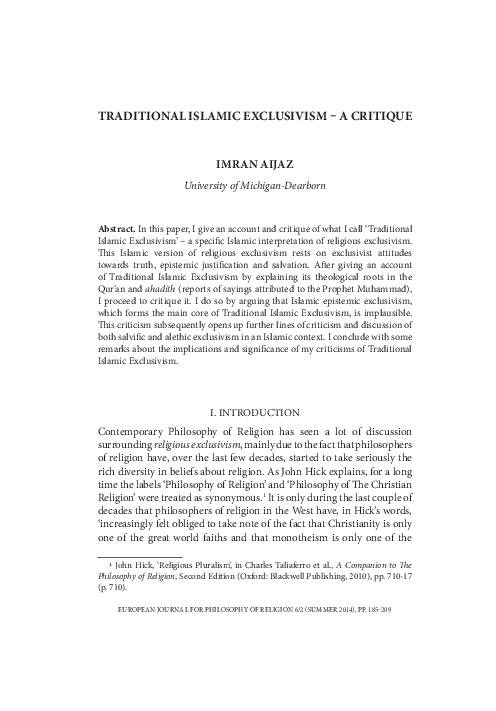 (PDF) Traditional Islamic Exclusivism - A Critique