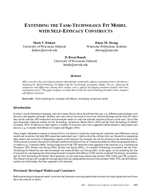 (PDF) Extending the Task-Technology Fit Modelwith Self-Efficacy Constructs