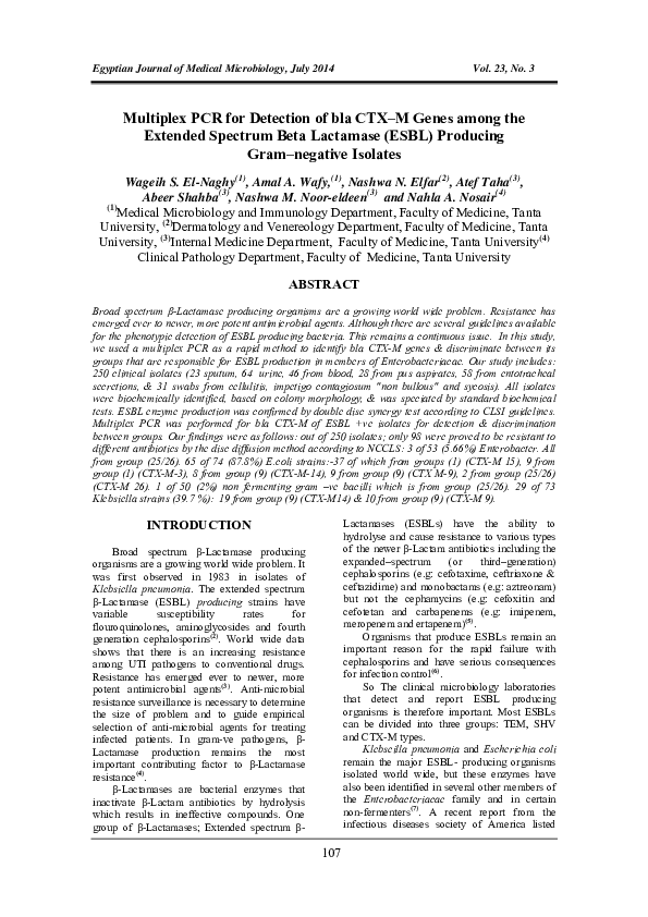 (PDF) Multiplex PCR for Detection of Bla CTX-M Genes among the Extended ...