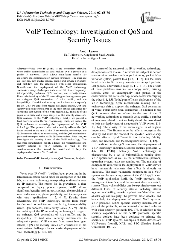 (PDF) VoIP Technology: Investigation of QoS and Security Issues