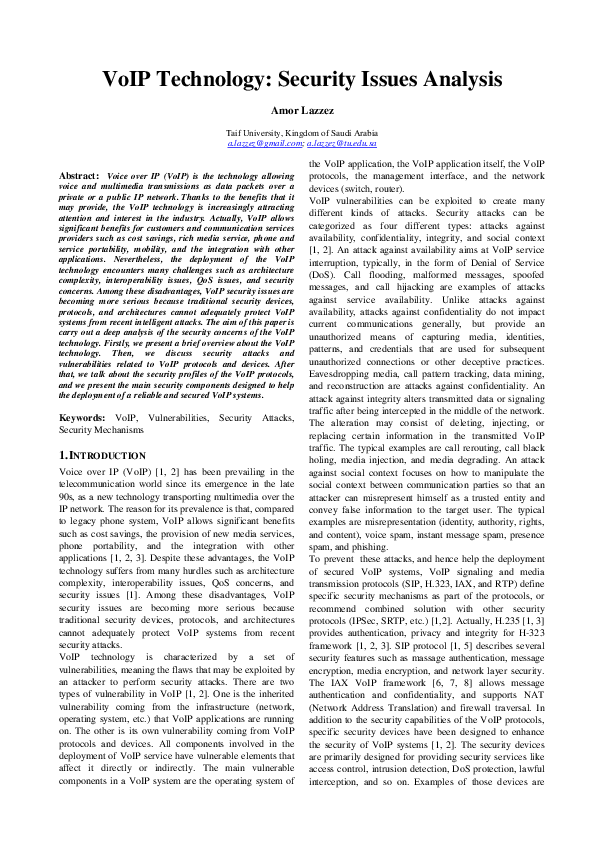 (PDF) VoIP Technology: Security Issues Analysis