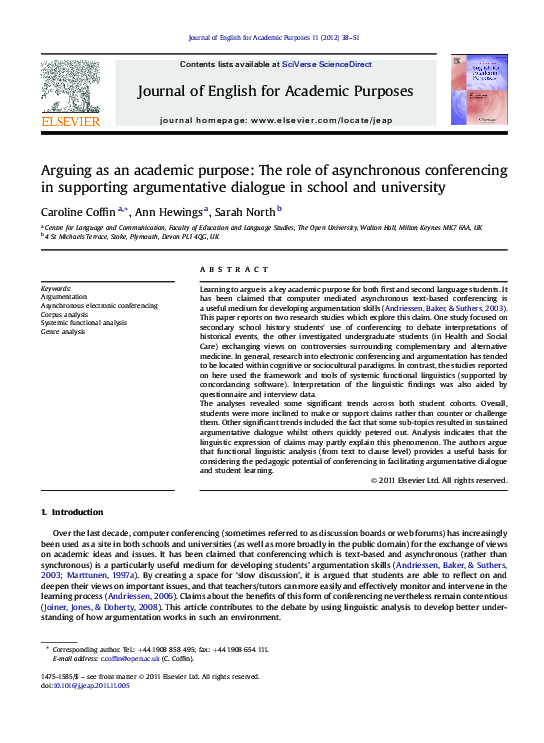 (PDF) Arguing as an academic purpose: The role of asynchronous ...