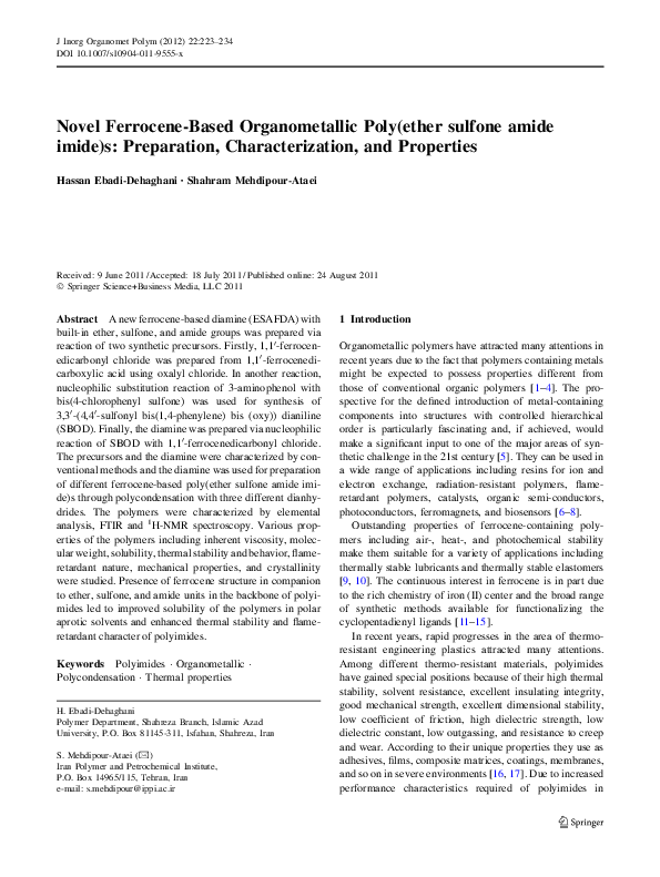 (PDF) Novel Ferrocene-Based Organometallic Poly(ether sulfone amide ...