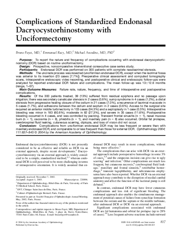 (PDF) Complications of standardized endonasal dacryocystorhinostomy ...