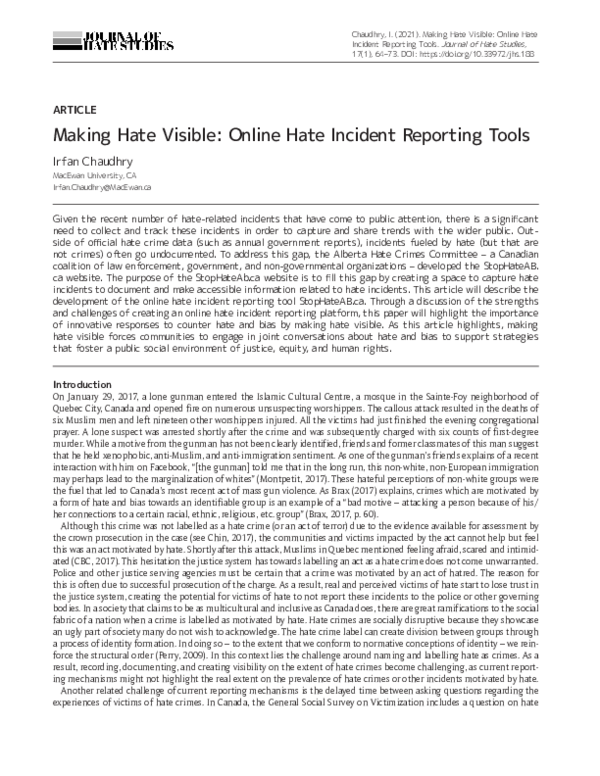 (PDF) Making Hate Visible: Online Hate Incident Reporting Tools