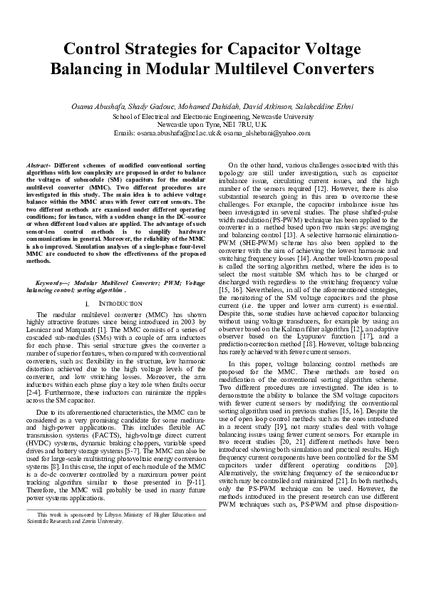 (PDF) Control strategies for capacitor voltage balancing in modular multilevel converters