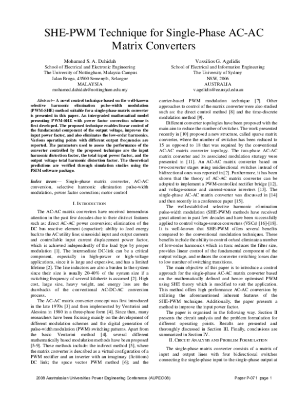 Pdf She Pwm Technique For Single Phase Ac Ac Matrix Converters