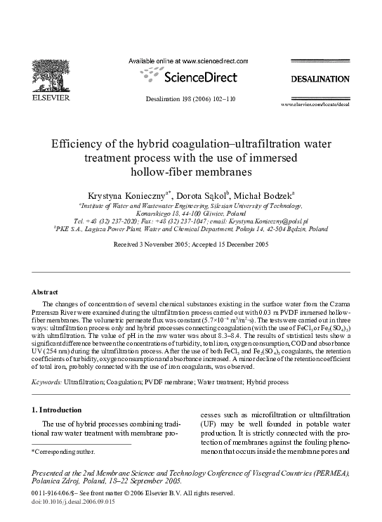 (PDF) Efficiency of the hybrid coagulation–ultrafiltration water treatment process with the use ...