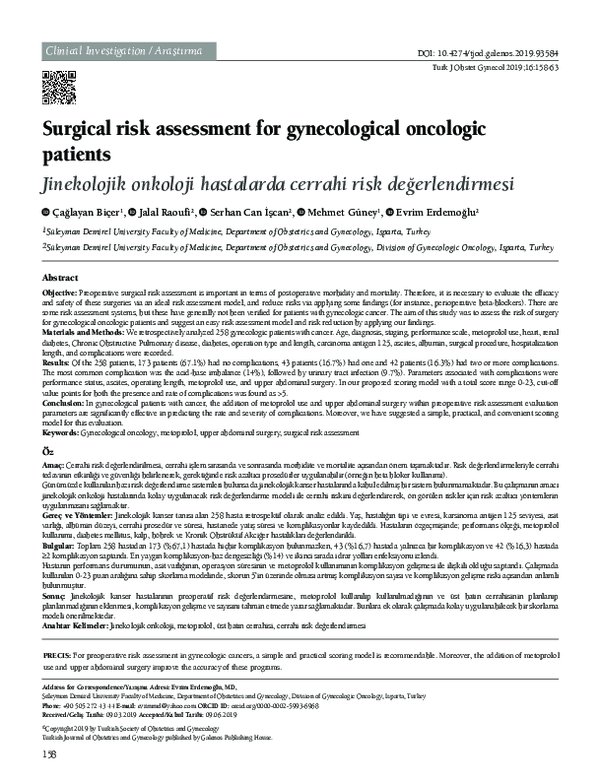 (PDF) Surgical risk assessment for gynecological oncologic patients