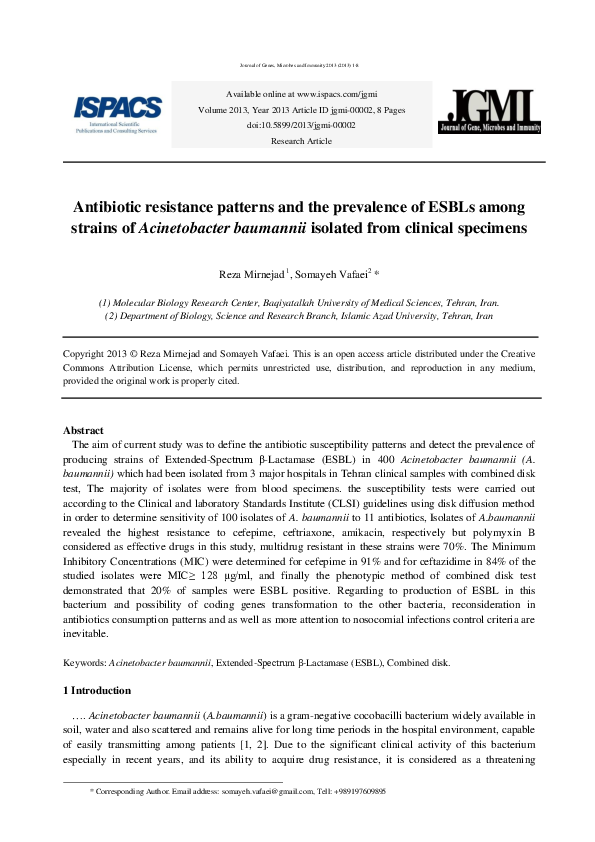 (PDF) Antibiotic resistance patterns and the prevalence of ESBLs among strains of Acinetobacter ...