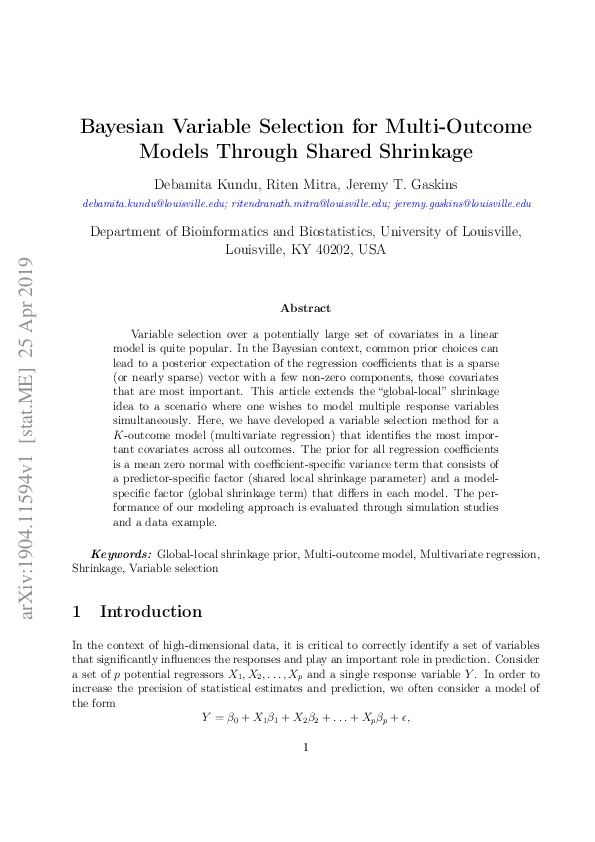 Pdf Bayesian Variable Selection For Multioutcome Models Through 2227