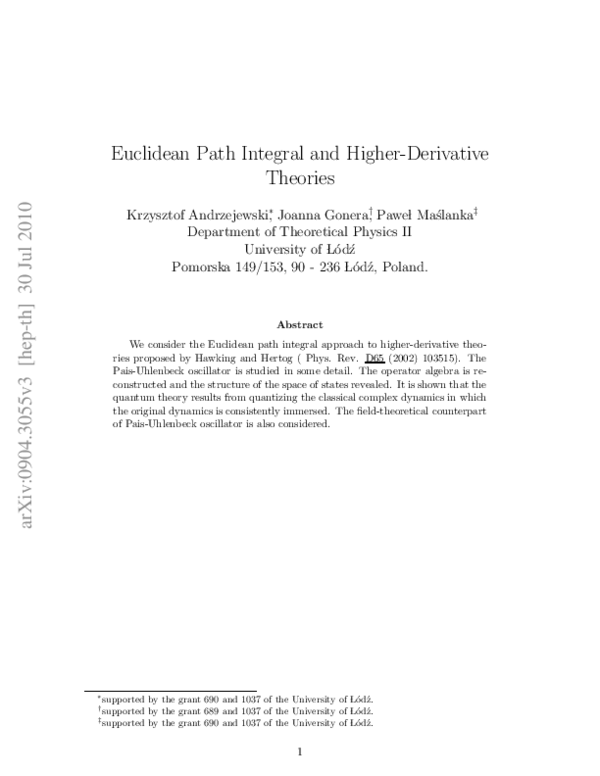 (PDF) Euclidean Path Integral and Higher-Derivative Theories