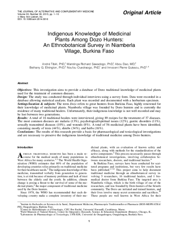 (PDF) Dozo Hunters' Medicinal Plant Knowledge in Burkina