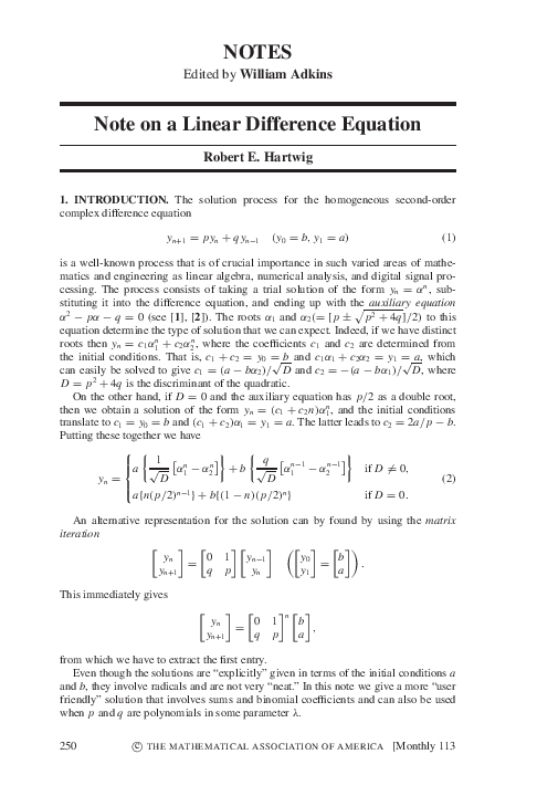 (PDF) Note on a Linear Difference Equation