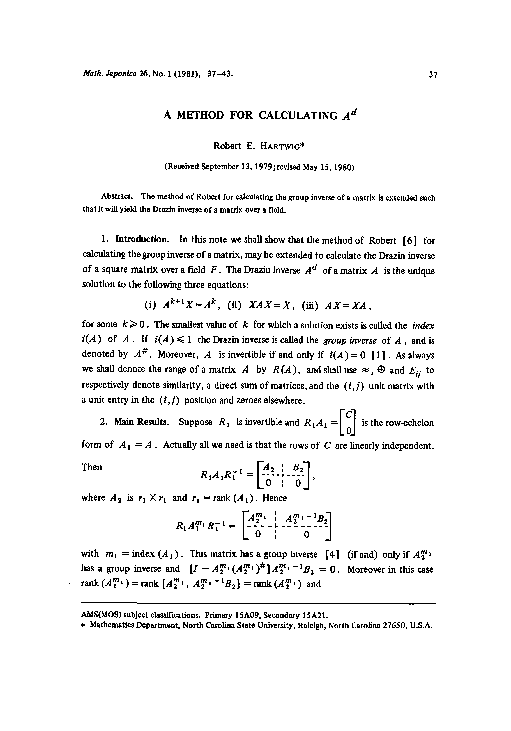 (PDF) A method for calculating Drazin inverse of square matrix A