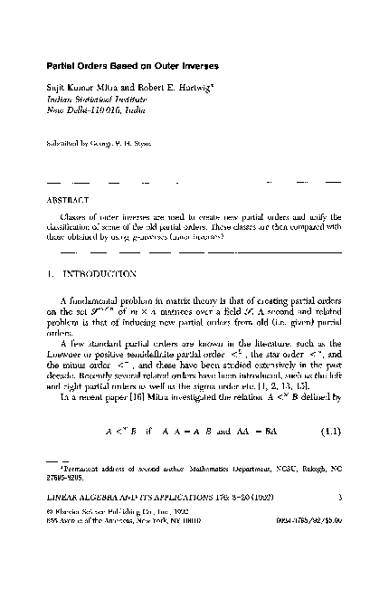 (PDF) Partial orders based on outer inverses