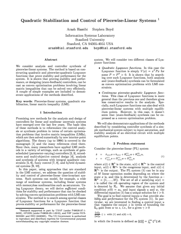 (PDF) Quadratic stabilization and control of piecewise-linear systems