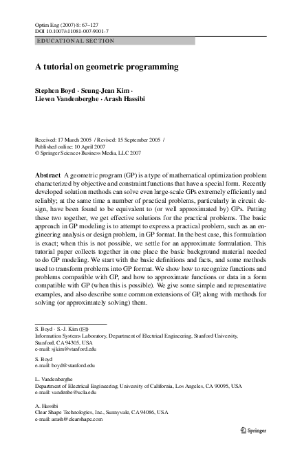 (PDF) A tutorial on geometric programming