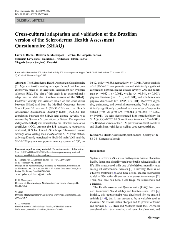 (PDF) Cross-cultural adaptation and validation of the Brazilian version of the Scleroderma ...