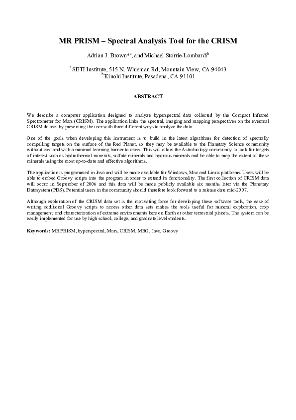 (PDF) MR PRISM - Spectral Analysis Tool for the CRISM