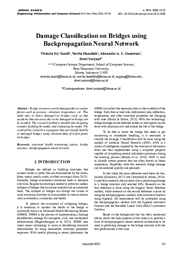 (PDF) Damage Classification on Bridges using Backpropagation Neural Network