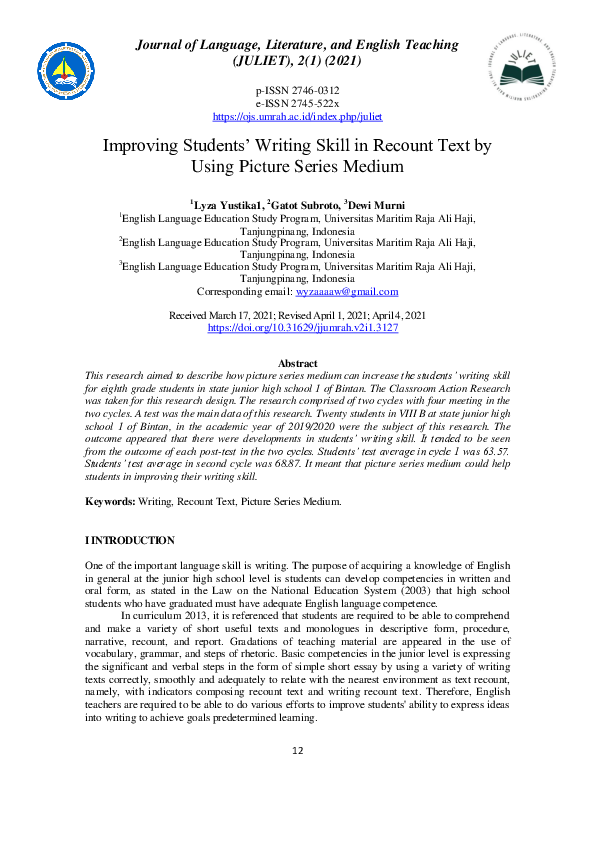 (PDF) Improving Students’ Writing Skill in Recount Text by Using Picture Series Medium