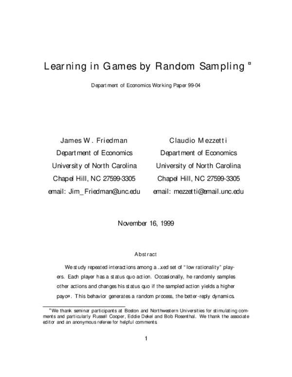 (PDF) Learning in Games by Random Sampling