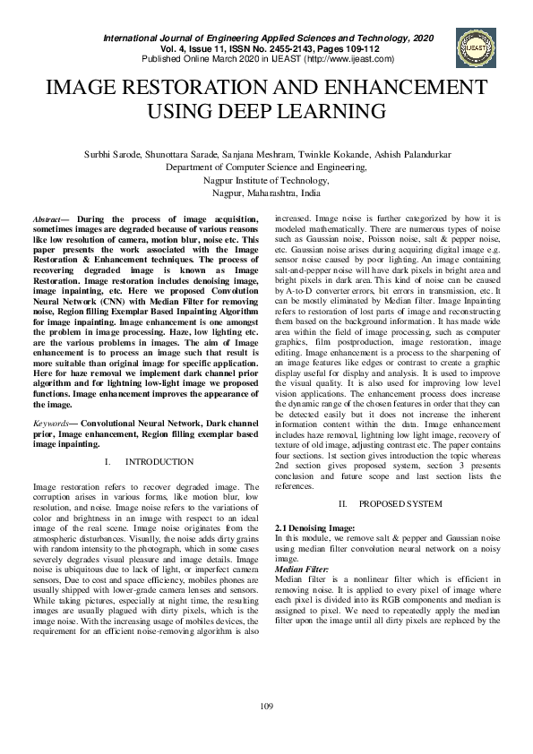 (PDF) Image Restoration and Enhancement Using Deep Learning