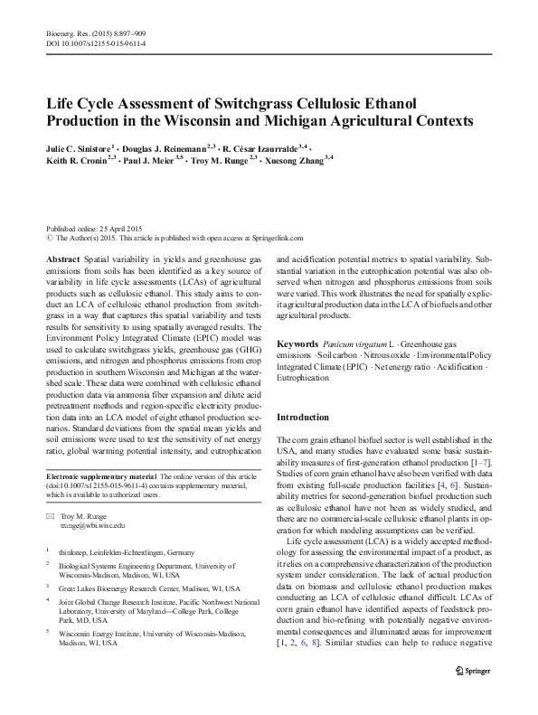 (PDF) Life Cycle Assessment of Switchgrass Cellulosic Ethanol ...