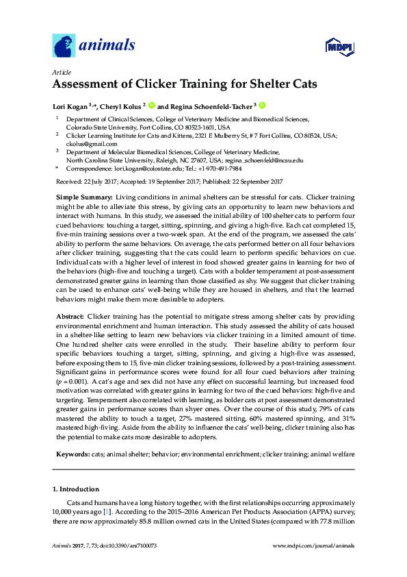 (PDF) Assessment of Clicker Training for Shelter Cats