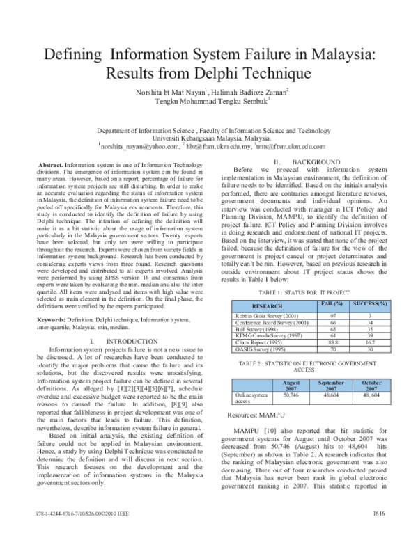 (PDF) Defining information system failure in Malaysia: Results from Delphi technique